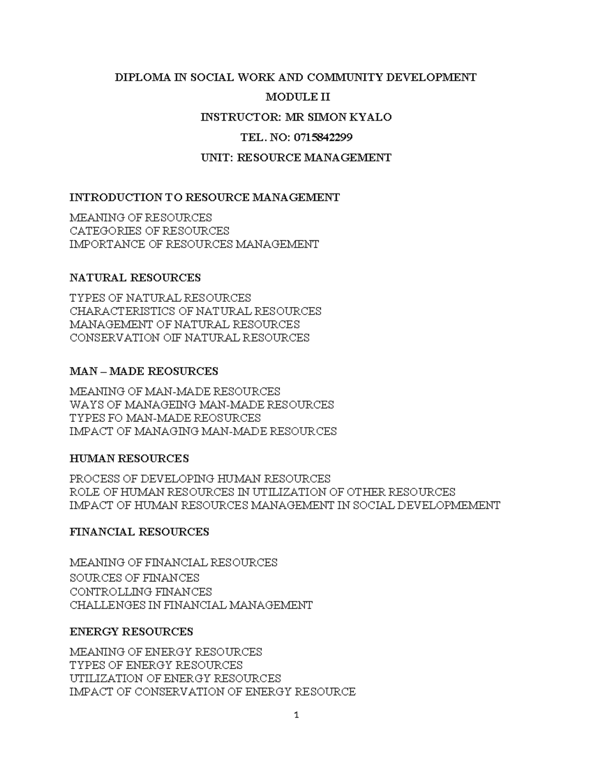 Resource Management Simon - DIPLOMA IN SOCIAL WORK AND COMMUNITY ...