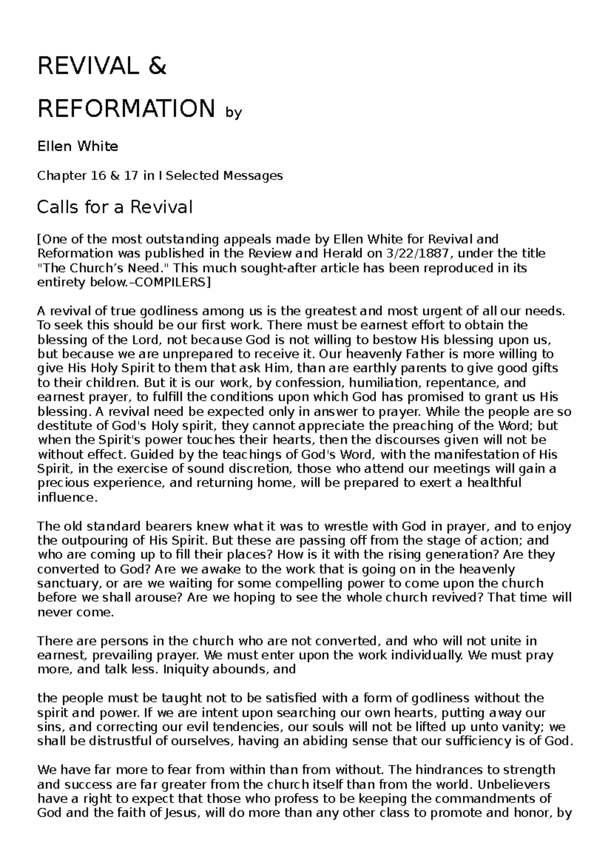 Revival and Reformation Booklet EGW - REVIVAL & REFORMATION by Ellen ...