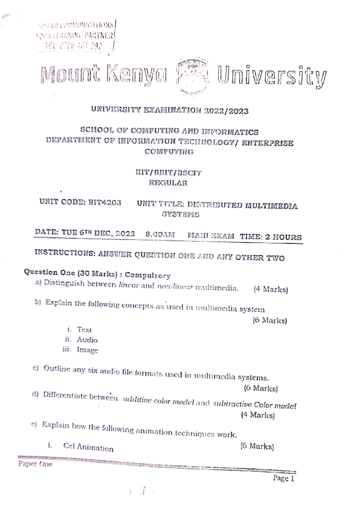 BIT 4203 Distributed Multi Media PAST Papers - Human resource ...