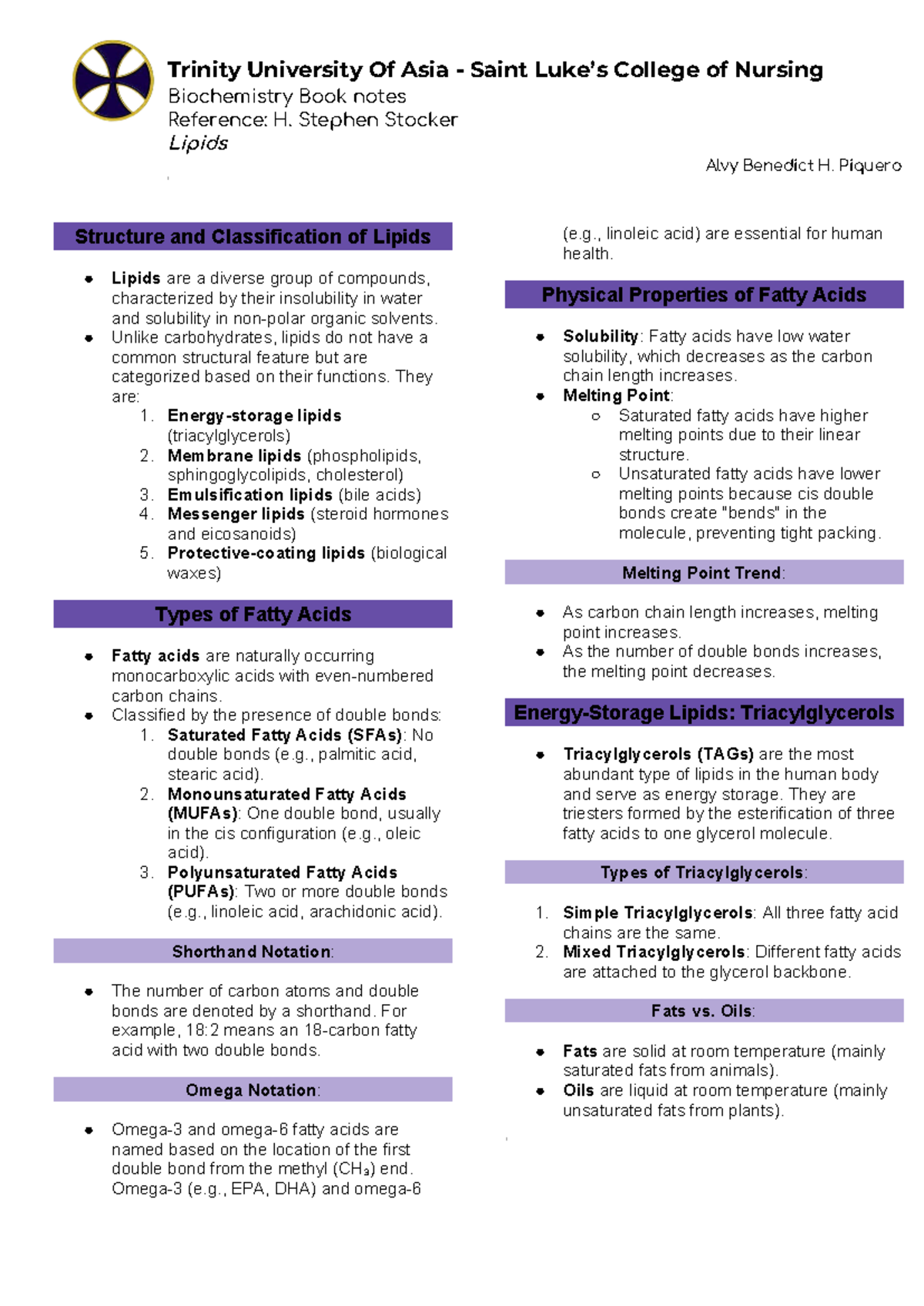 Biochem lipids - Trinity University Of Asia - Saint Luke’s College of ...