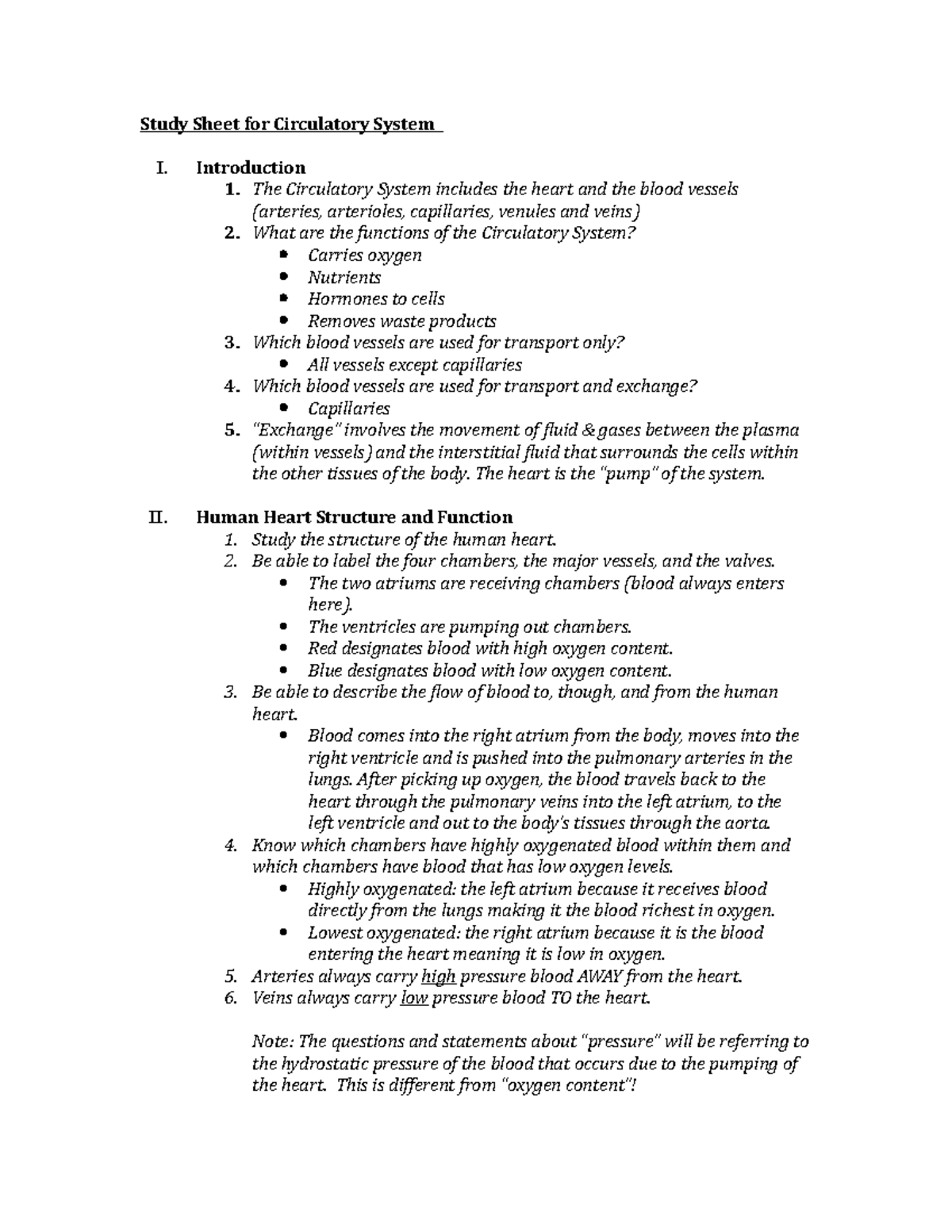 2 Study Guide for Circulatory System - Study Sheet for Circulatory ...