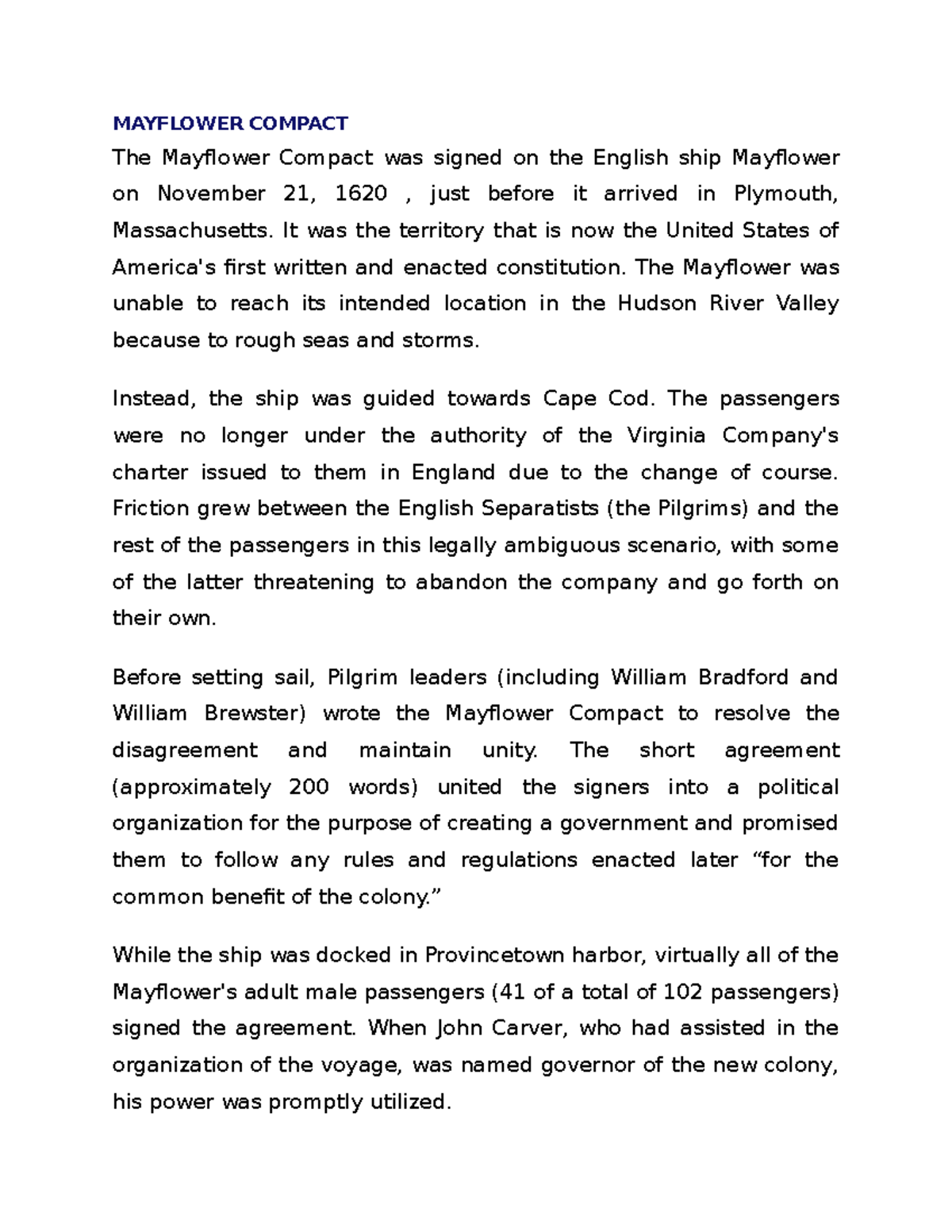 Engineering Economics 2 - MAYFLOWER COMPACT The Mayflower Compact was signed on the English ship ...