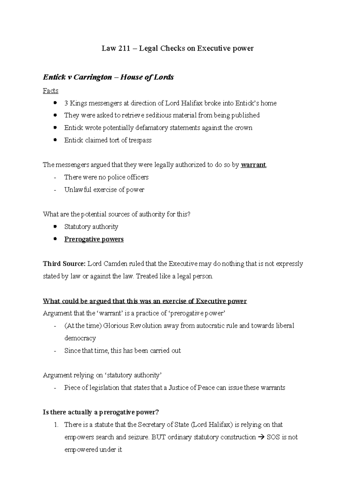 Law 211 - AG v De Keyser's Royal Hotel - Law 211 – Legal Checks on Executive power Entick v ...