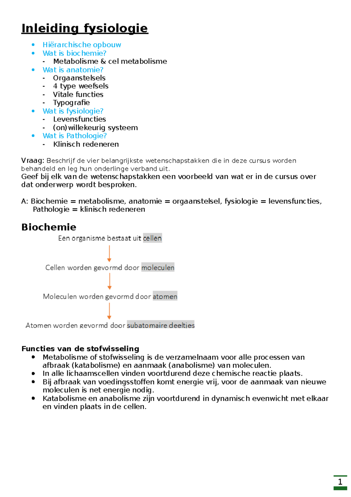 Inleiding Fysiologie & Anatomie - Inleiding fysiologie Hiërarchische ...