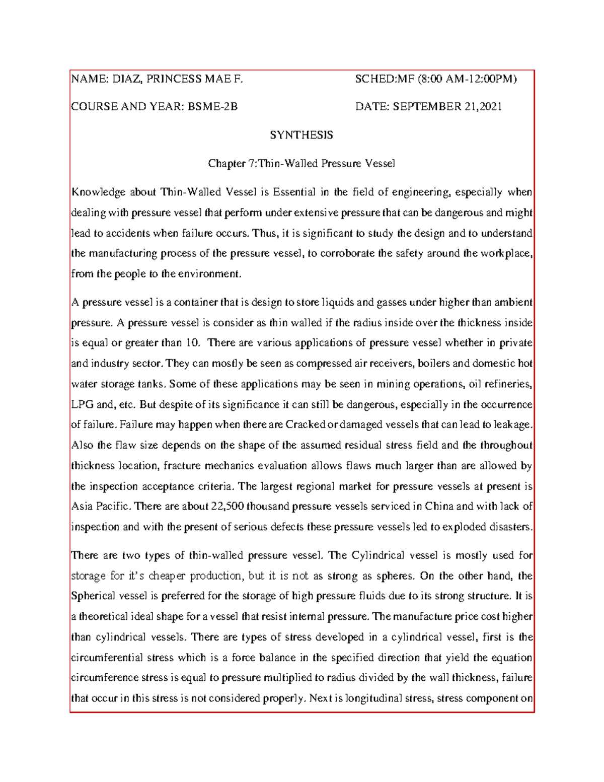 Synthesis-Chapter-7 - Synthesis - NAME: DIAZ, PRINCESS MAE F. SCHED:MF ...