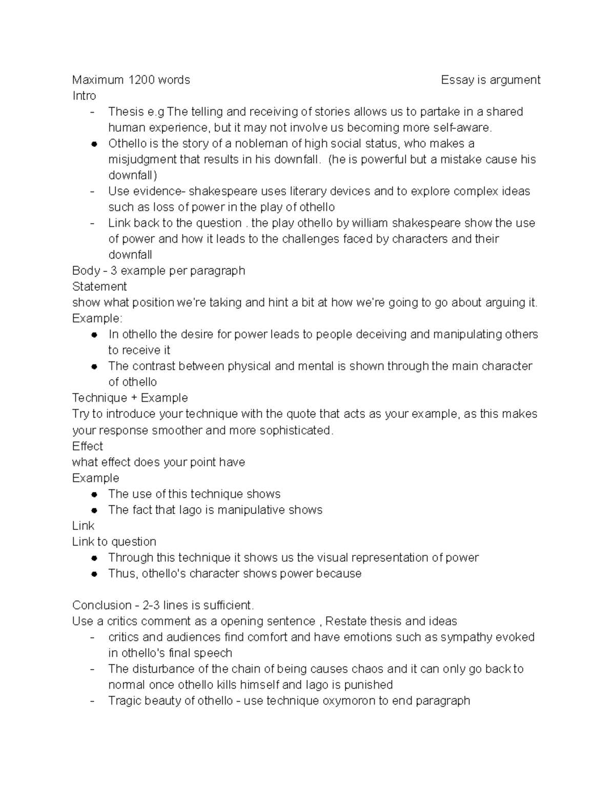 Othello prelim revison - Maximum 1200 words Essay is argument Intro ...