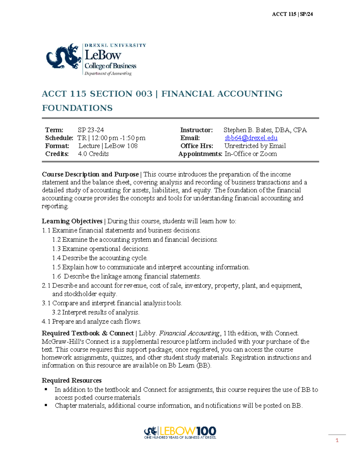 ACCT 115-003 SP24 Syllabus Financial ACCT Foundations - ACCT 115 ...