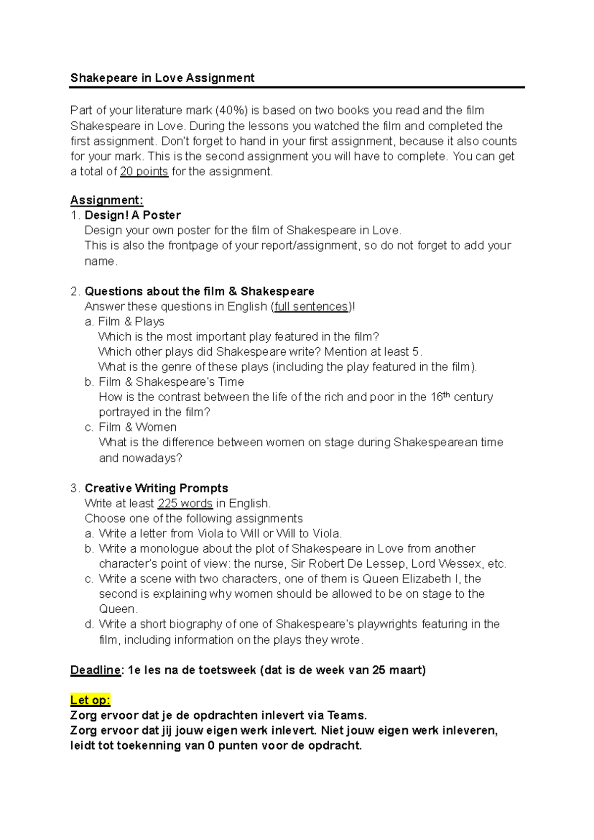 Shakespeare Film Opdracht - Shakepeare in Love Assignment Part of your ...