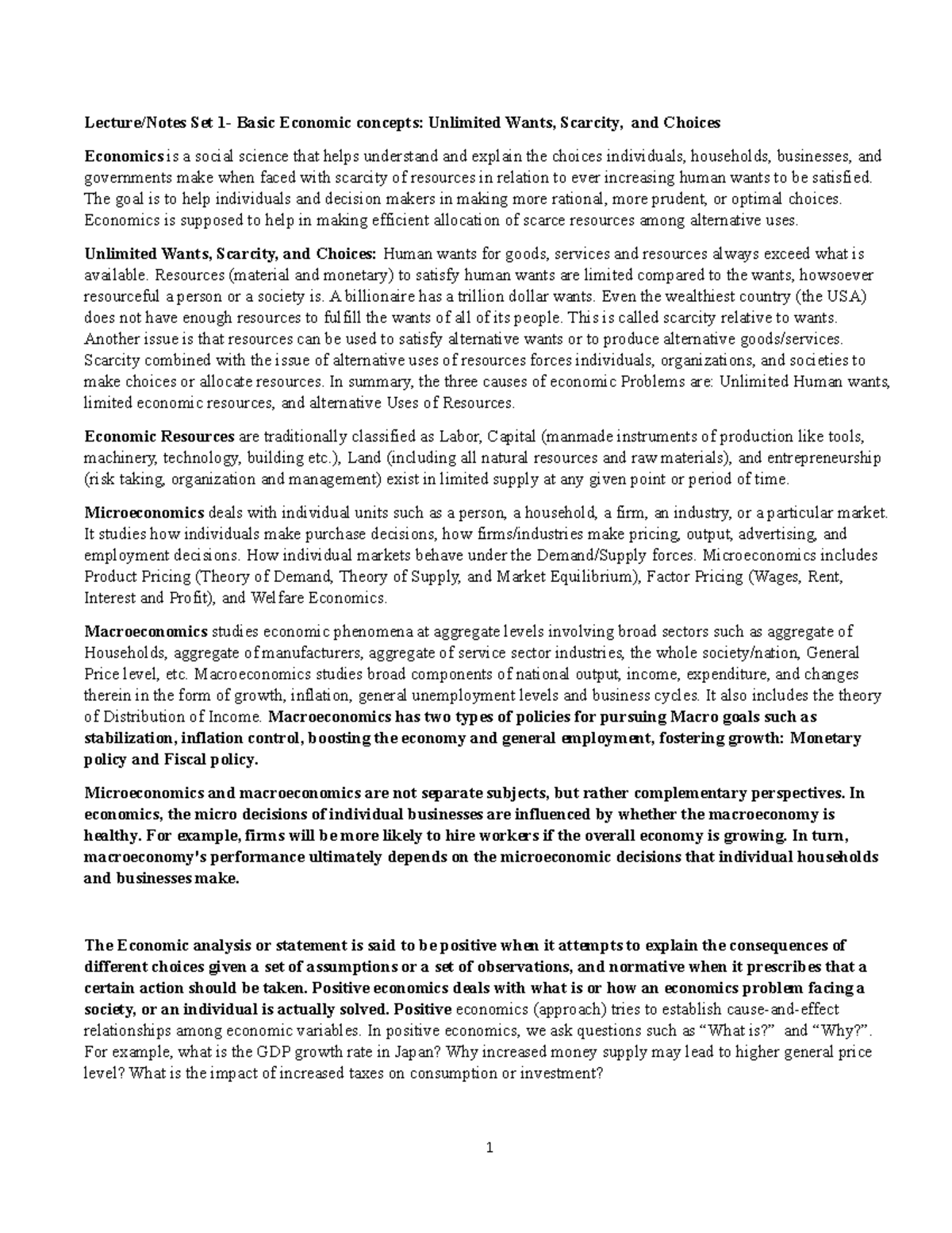 Lecture Set 1 Basic Economic Concepts Lecturenotes Set 1 Basic Economic Concepts Unlimited