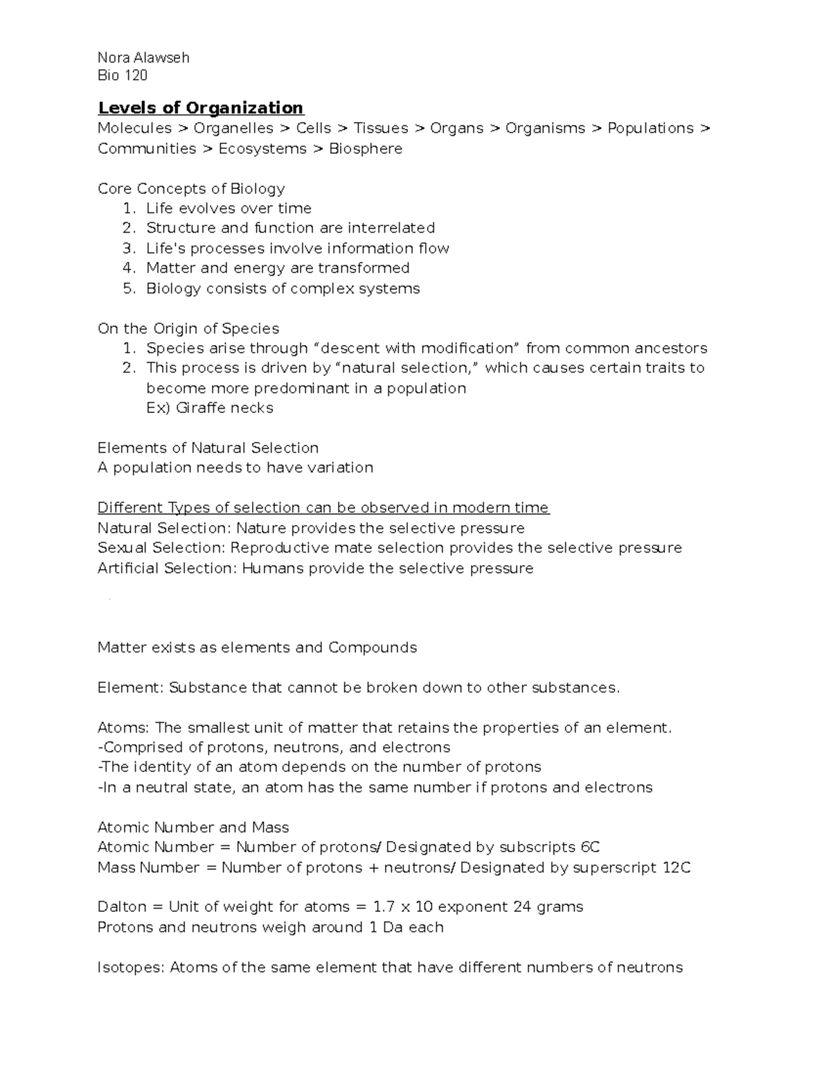 LIFE 120 Chapter 1-5 - bio - Bio 120 Levels of Organization Molecules ...
