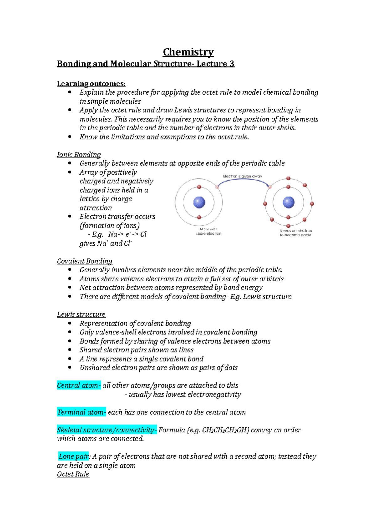 Lecture 3 Notes - Chemistry Bonding and Molecular Structure- Lecture 3 ...