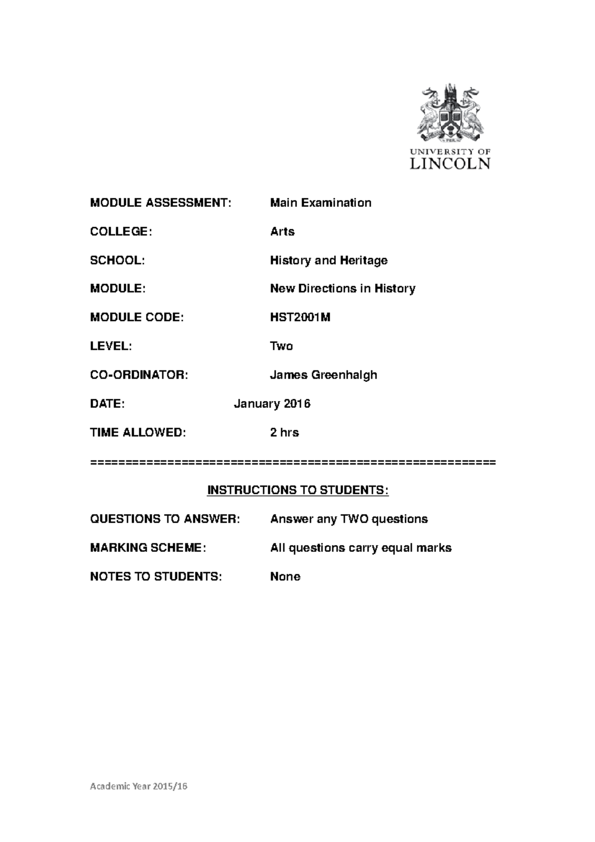 Exam 2016, questions - MODULE ASSESSMENT: Main Examination COLLEGE ...