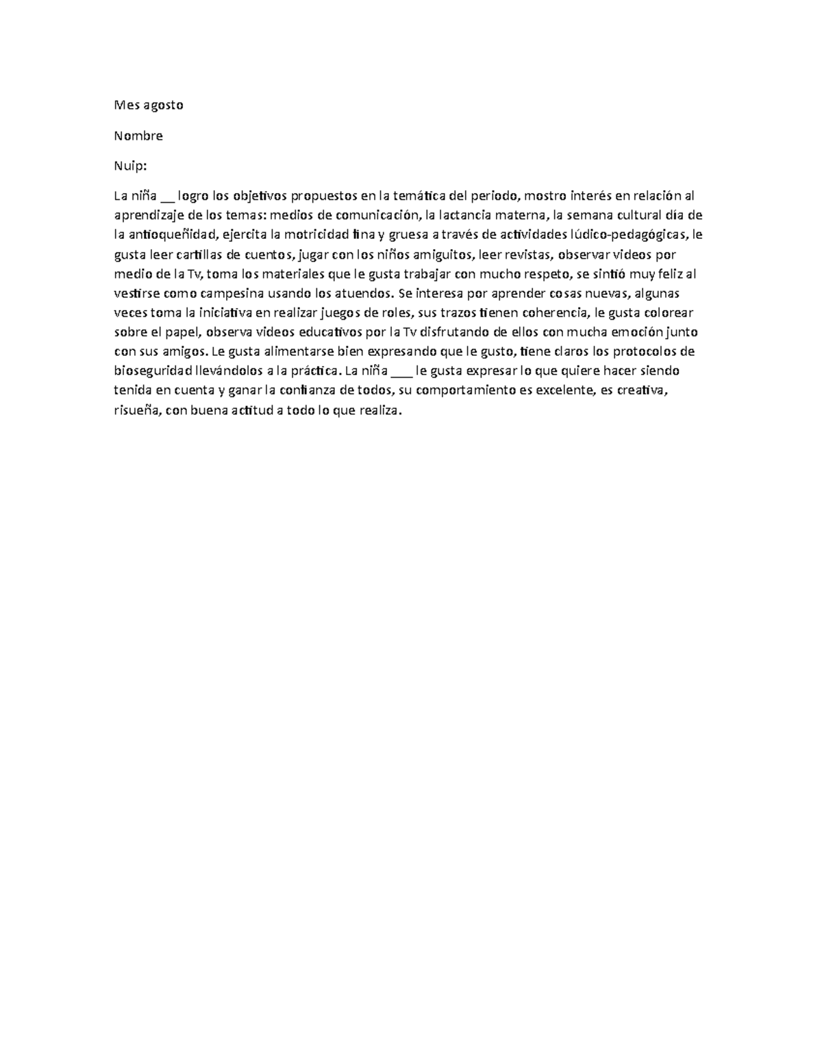 Mes agosto - Planeación - Nombre Nuip: La niña __ logro los objetivos ...