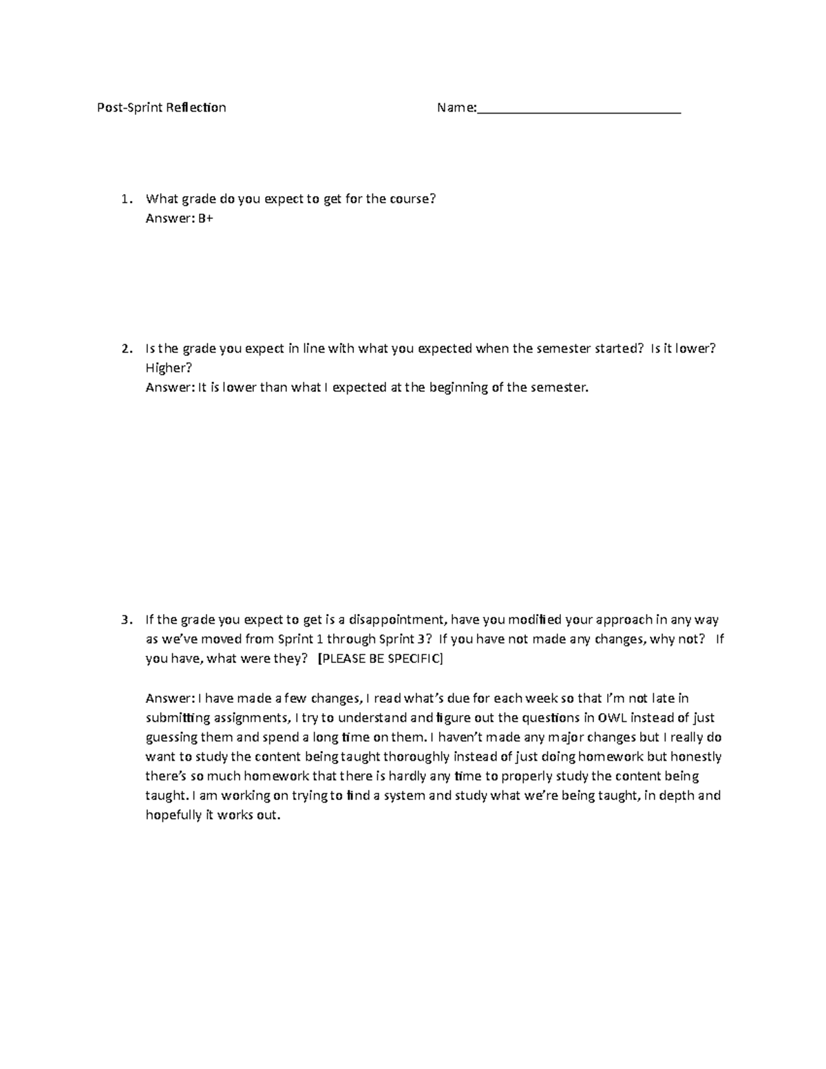 Post Sprint Reflection Type III B Post Sprint Reflection Name What