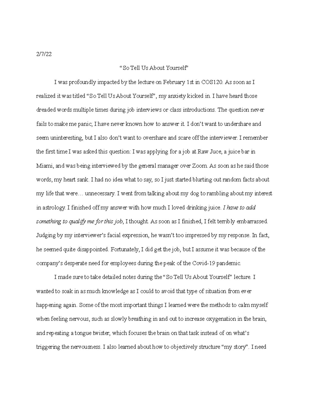 PCJ #2 - Writing Assignment - 2/7/ “So Tell Us About Yourself” I was ...