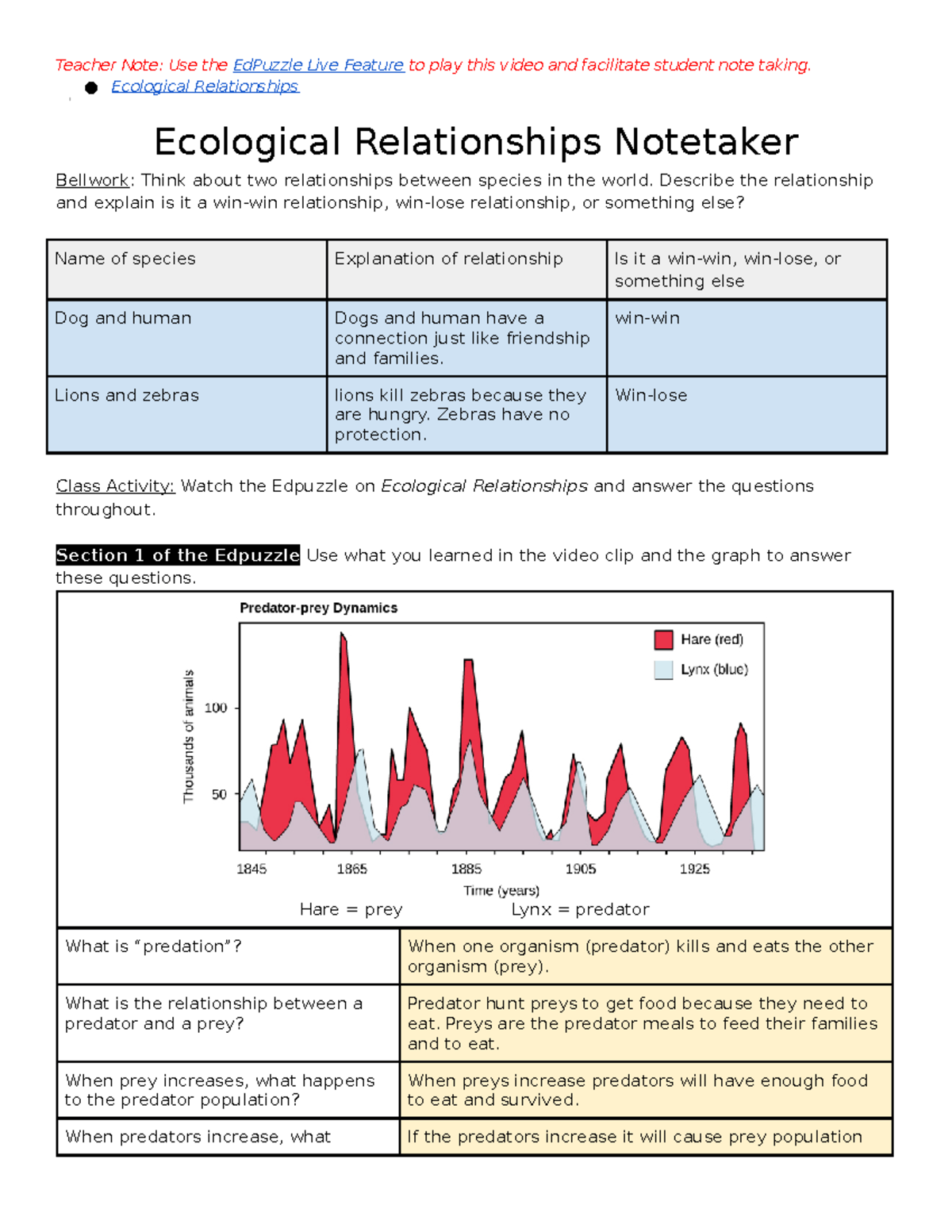 Ecological Relationships Student Notetaker - Teacher Note: Use the ...