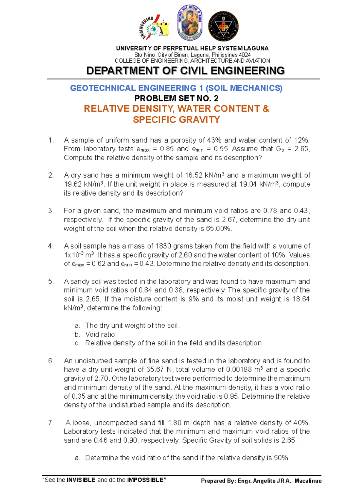 Problem SET 2 Relative Density Water Content and Specific Gravity 2 ...