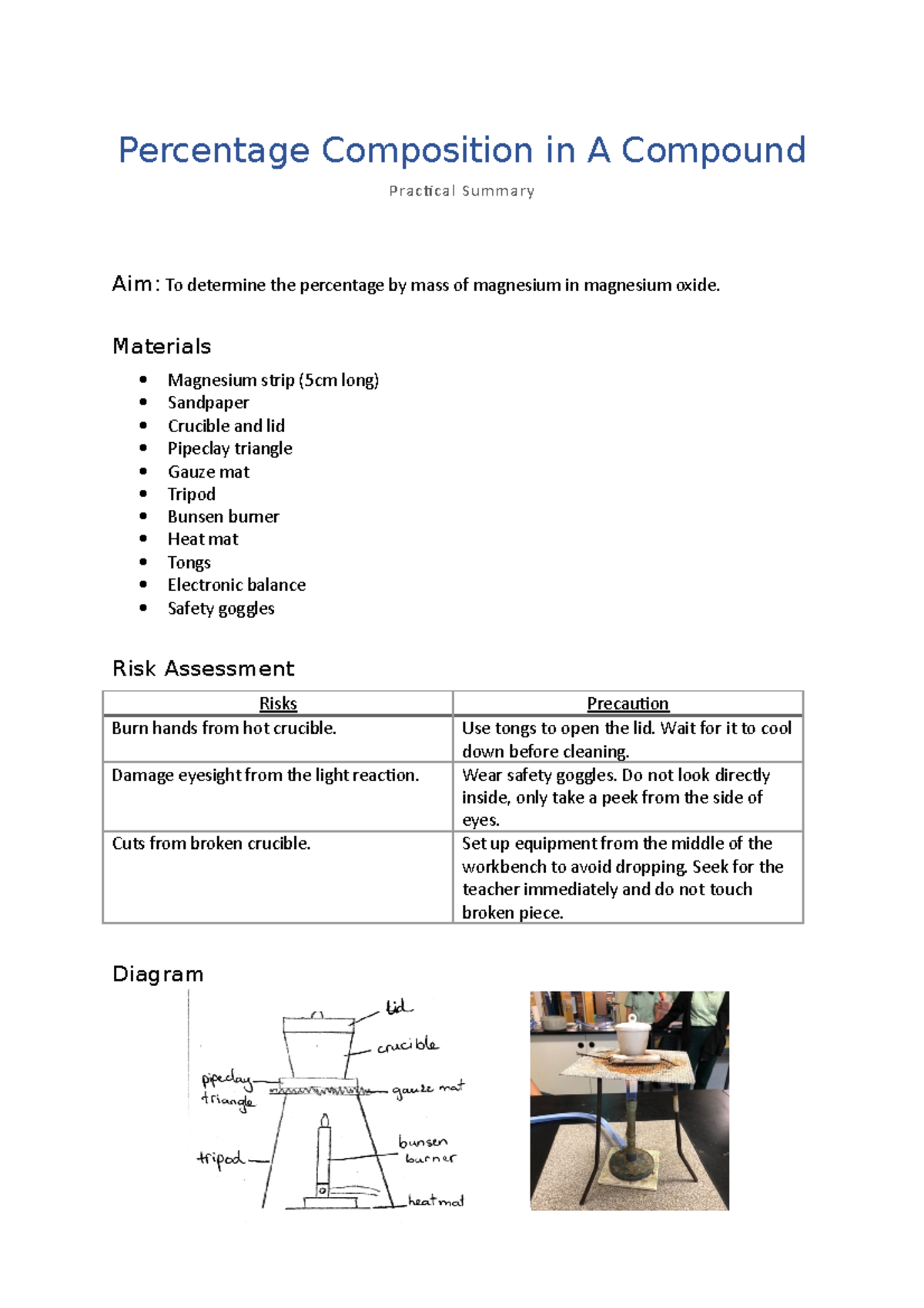 Prac Summary - Percentage Compound - Percentage Composition in A ...