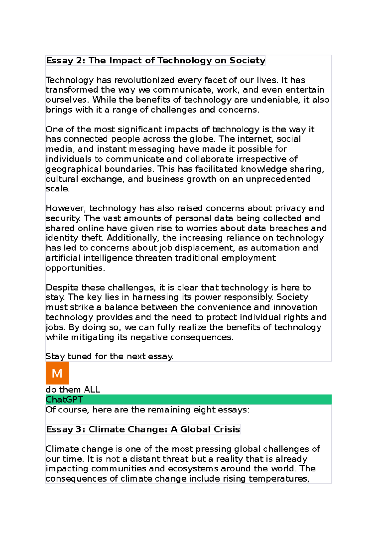 Essay 2 - ssdsdsd - Essay 2: The Impact of Technology on Society ...