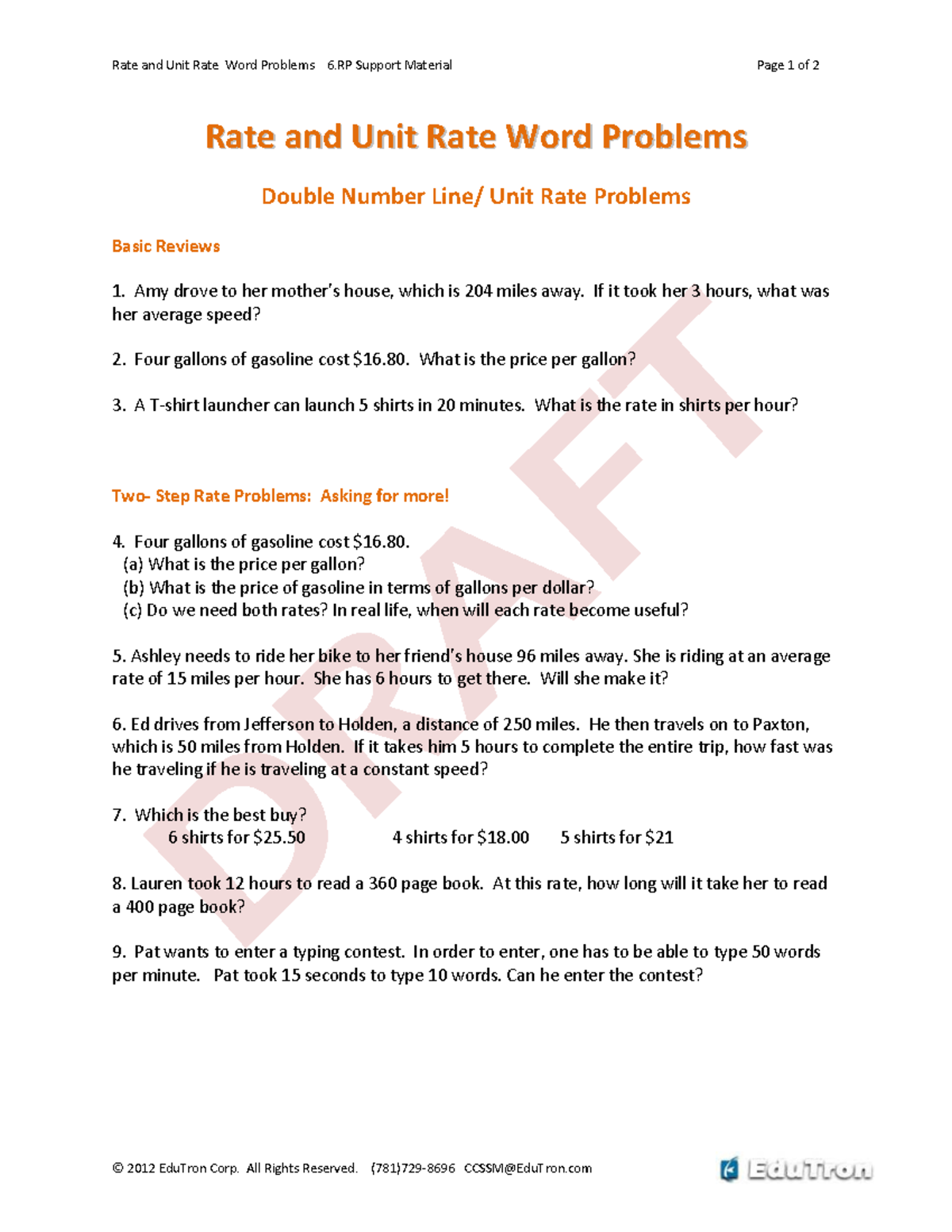 07 rate And Unit Rate Word Problems Rate And Unit Rate Word Problems