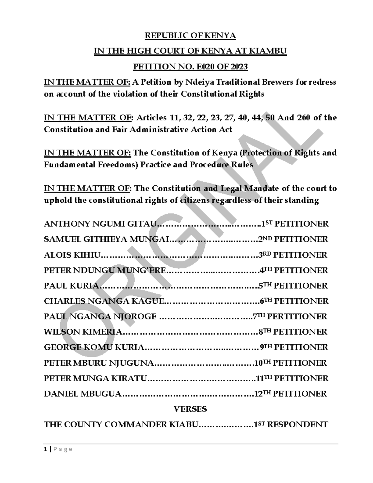 Ndeiya Petition NO. E020 OF 2023 Kiambu Muratina - REPUBLIC OF KENYA IN ...