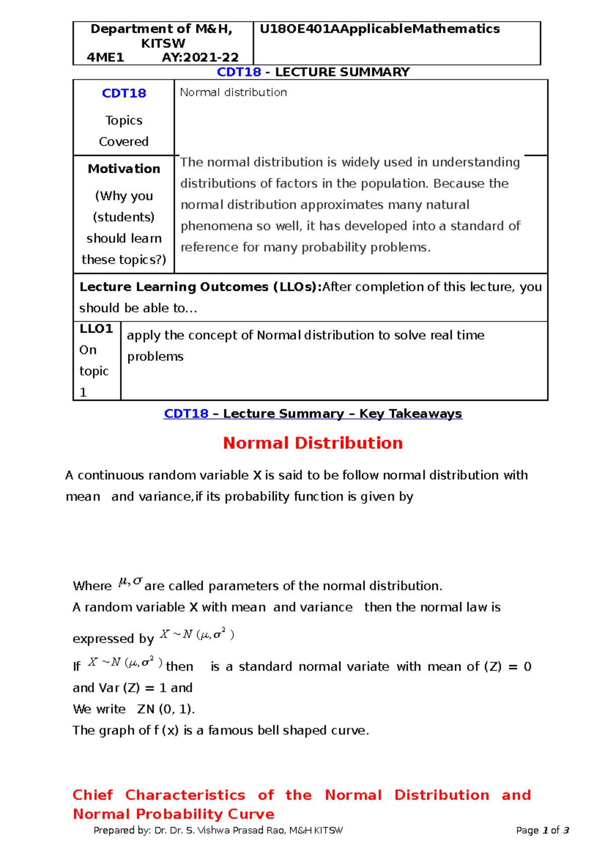 CDT18 Unit 2 Normal Distribution - Department of M&H, KITSW 4ME1 AY ...
