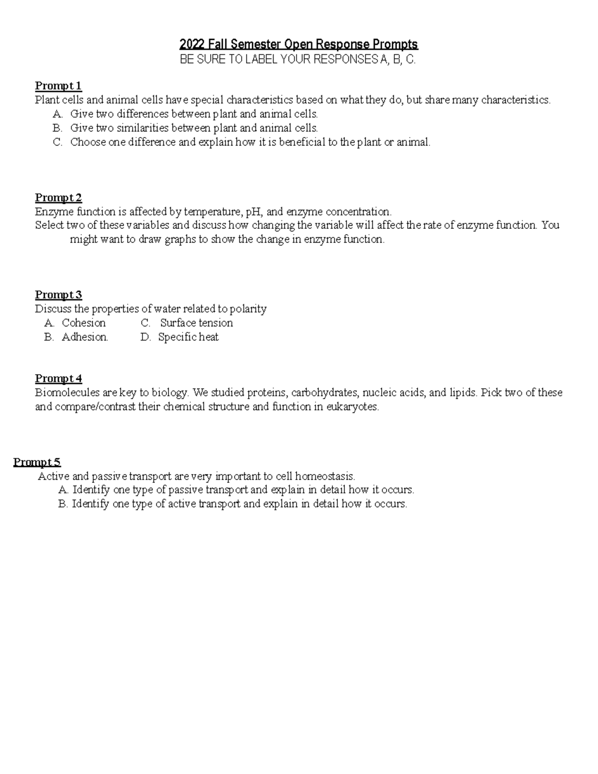 Advanced Biology Exam Open Responses - 2022 Fall Semester Open Response ...