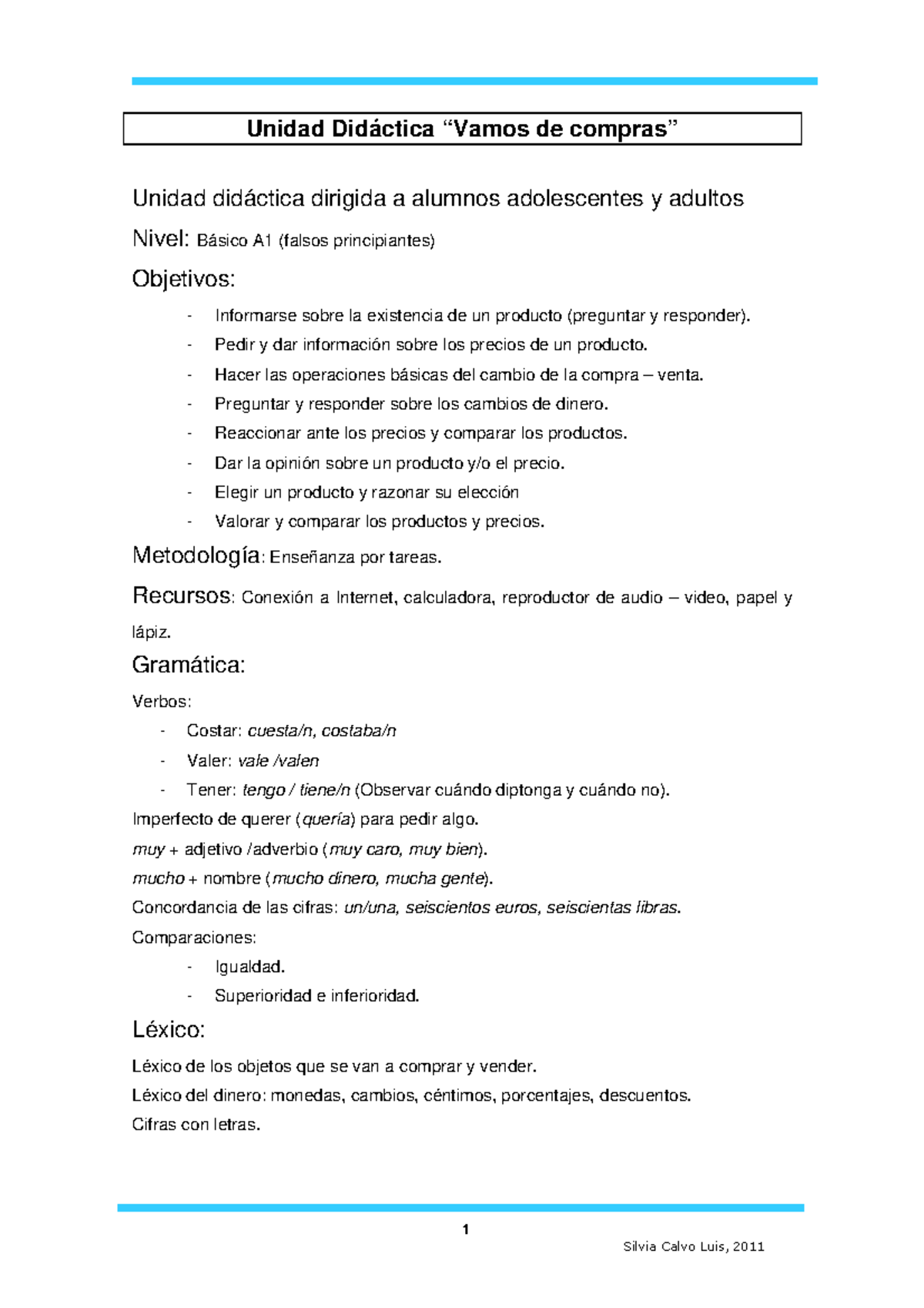 Silvia compras - ANEAE - 1 Unidad Didáctica “Vamos de compras” Unidad ...