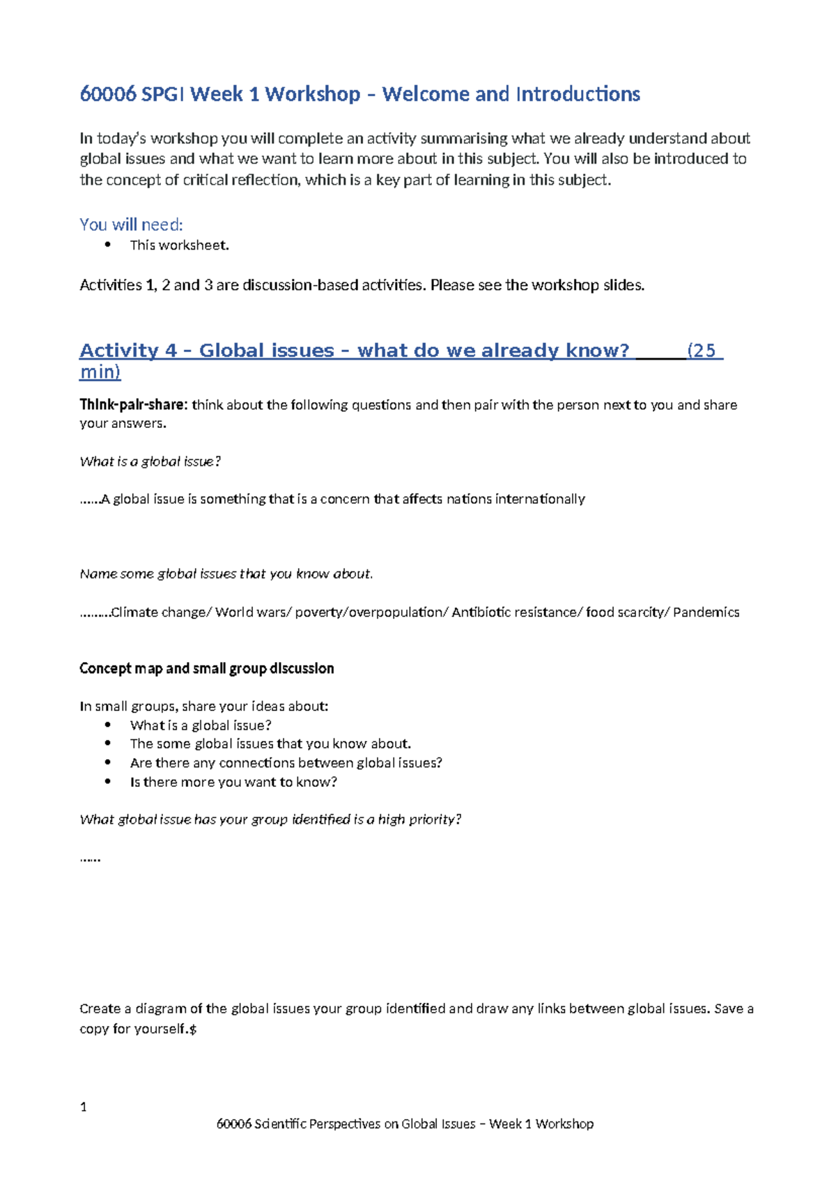 SPGI AUT23 Week 1 workshop worksheet - 60006 SPGI Week 1 Workshop ...
