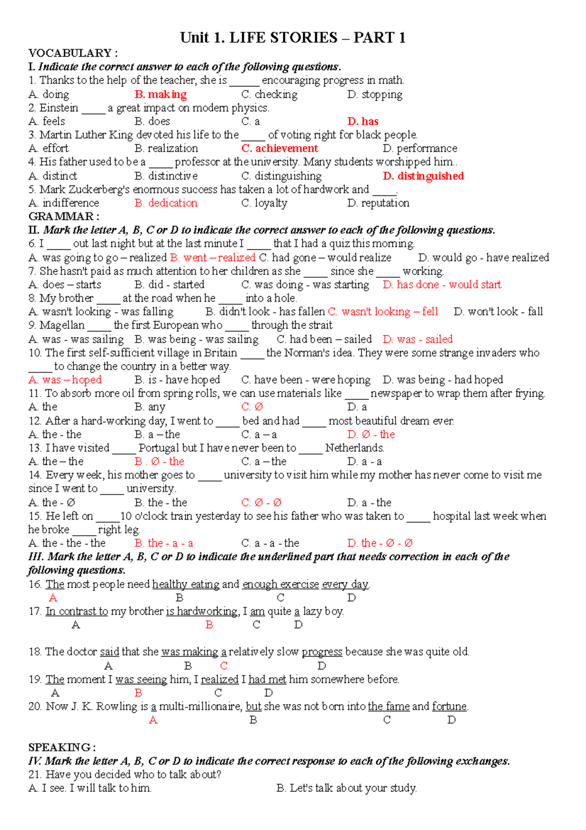 TỔNG HỢP PART 1 Unit 1 12 THÍ ĐIỂM - Unit 1. LIFE STORIES – PART 1 ...