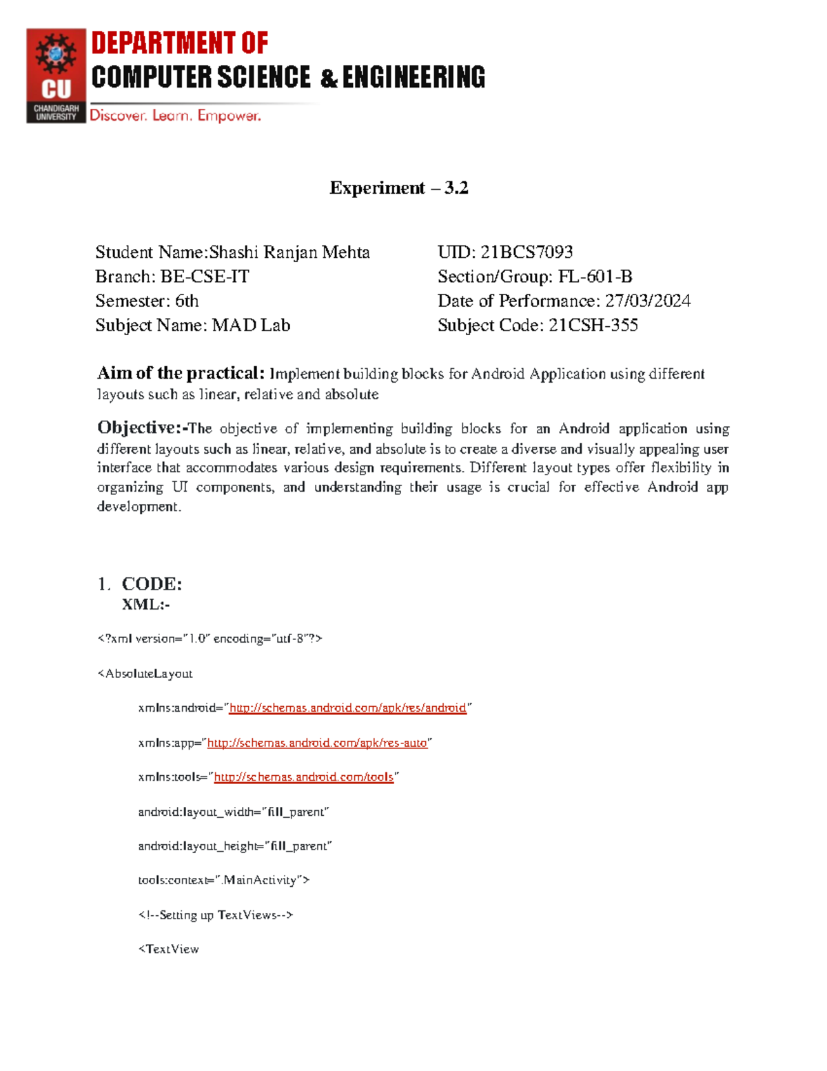 MAD EXP 3.2 - Alasso - COMPUTER SCIENCE & ENGINEERING Experiment – 3. 2 ...