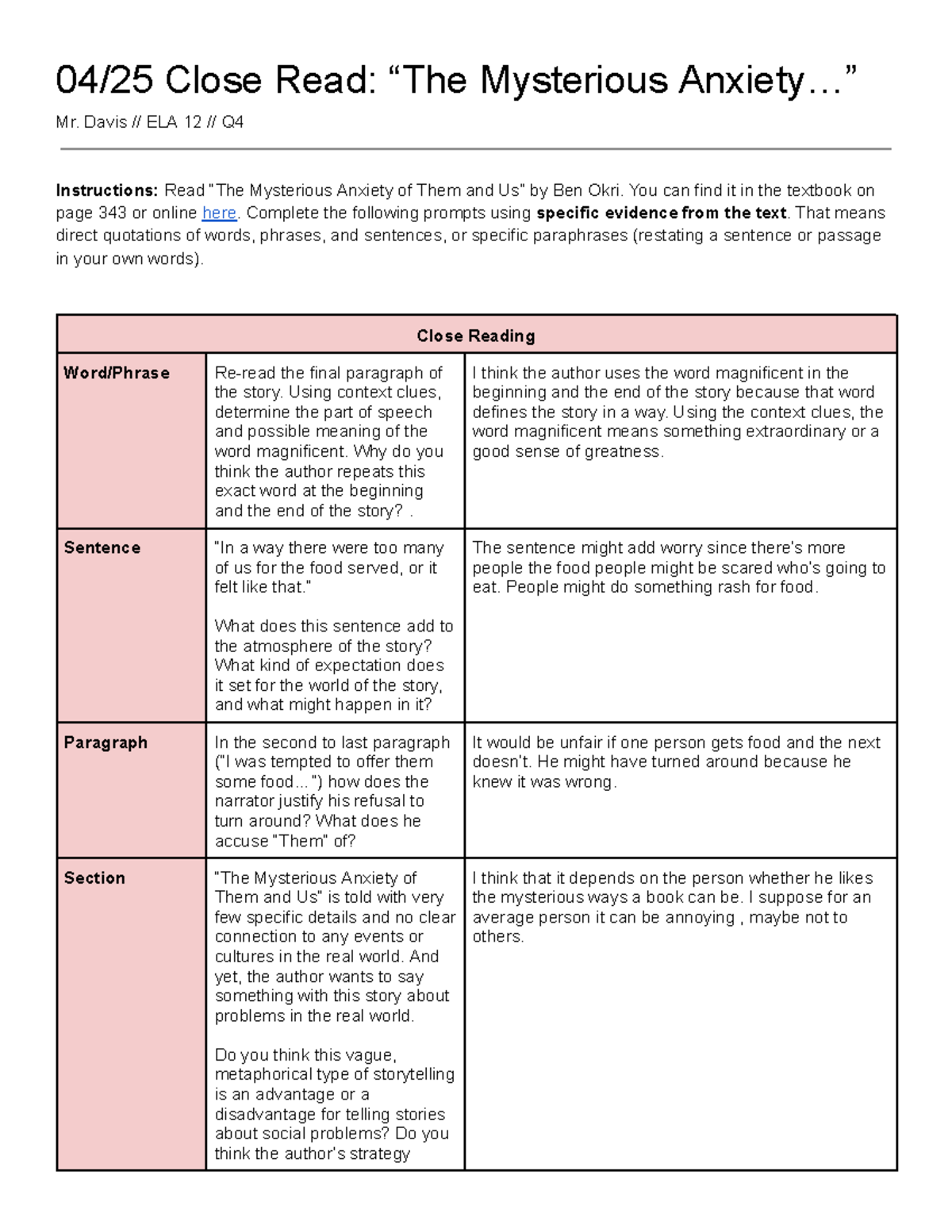 Extensive Thinking - 04/25 Close Read: “The Mysterious Anxiety...” Mr ...