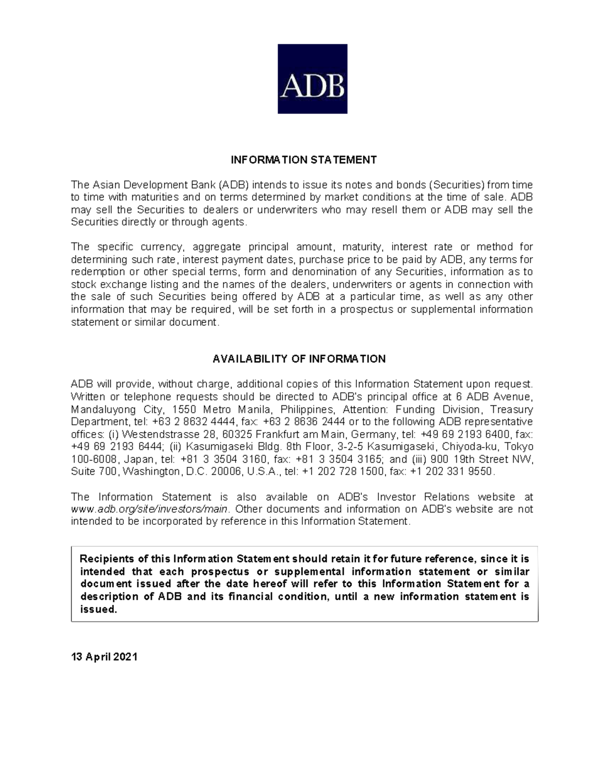ADB Information Statement 2021 - INFORMATION STATEMENT The Asian ...