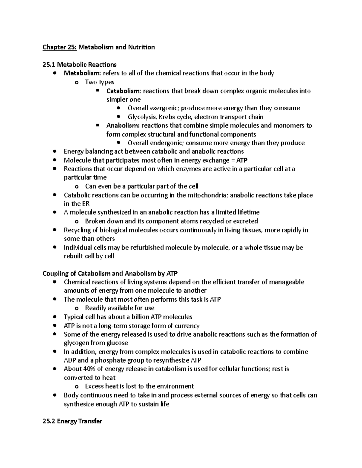Chapter 25 - Summary Biology - Chapter 25: Metabolism and Nutrition 25 ...