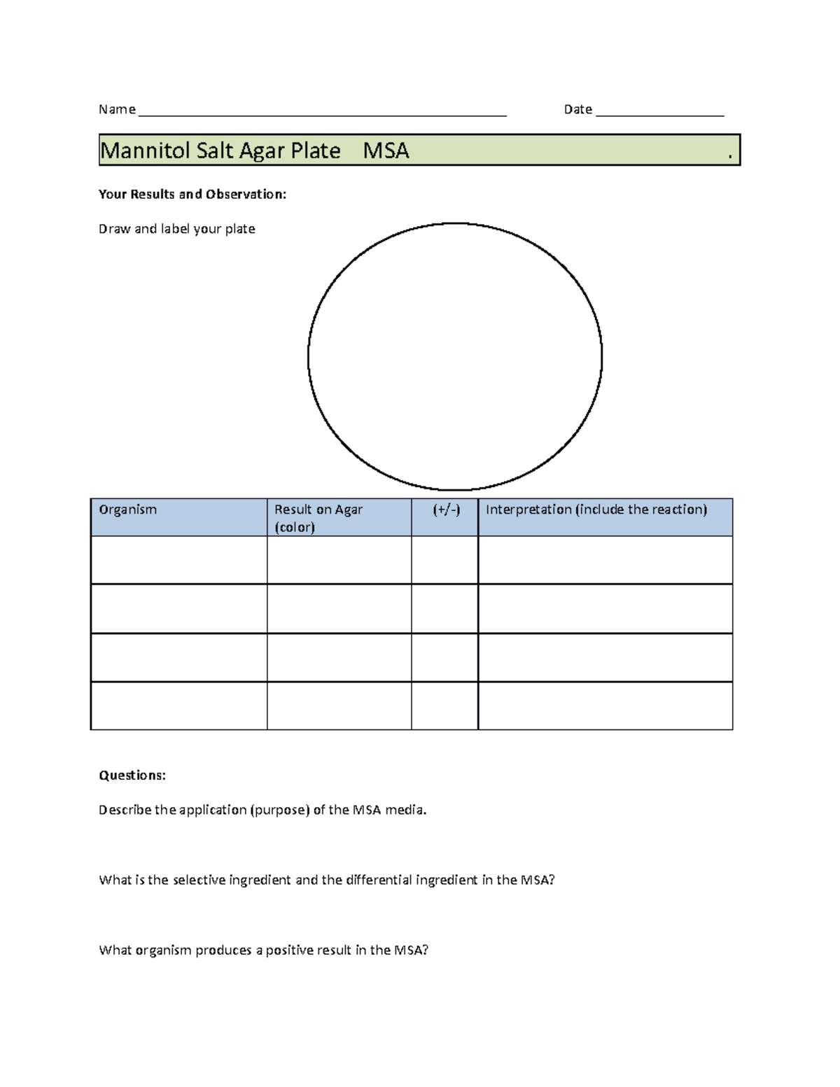 MSA worksheet data sheet - Name _________________________________________________ Date - Studocu