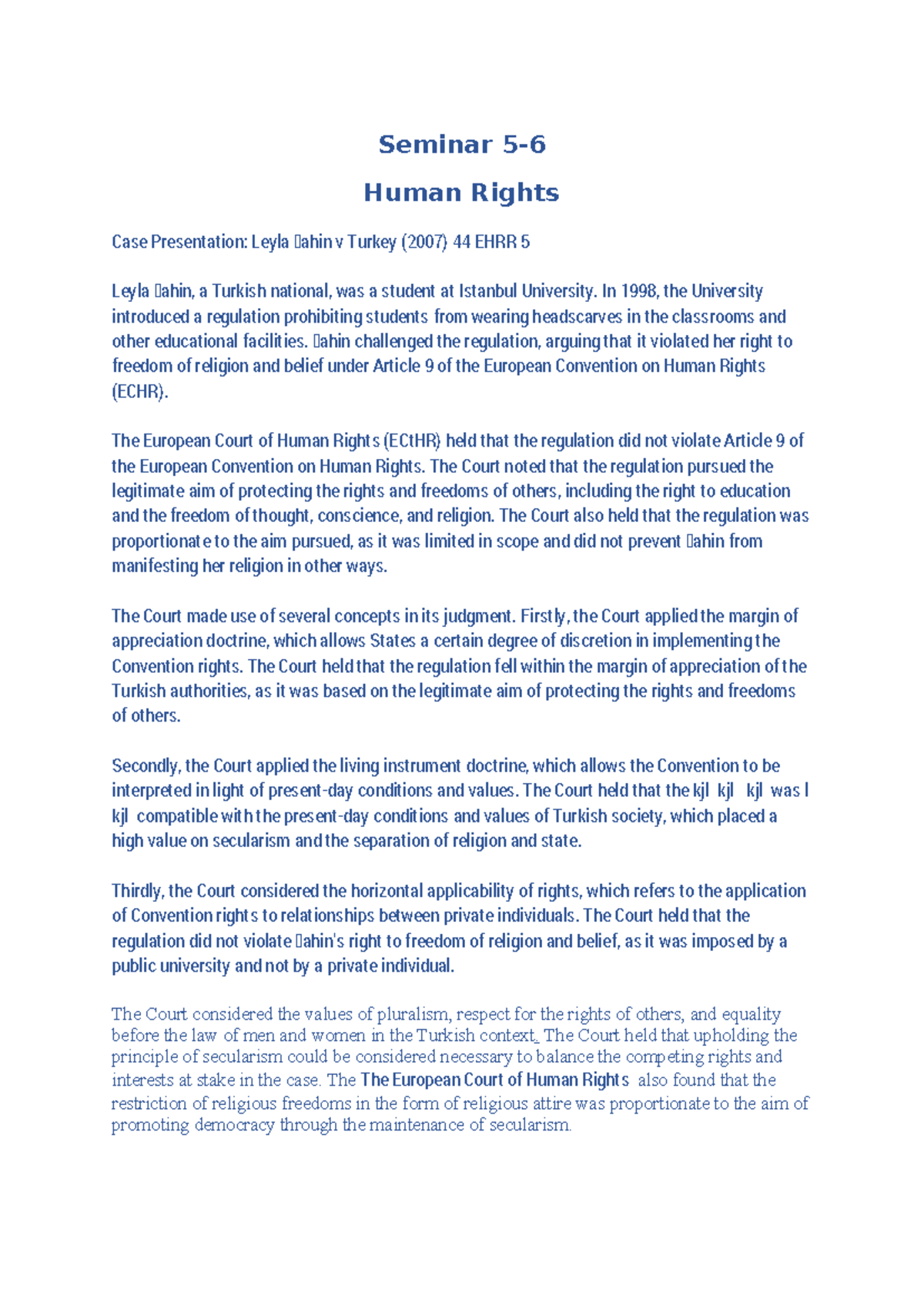 Seminar 5-6 - notes - Seminar 5- Human Rights Case Presentation: Leyla ...