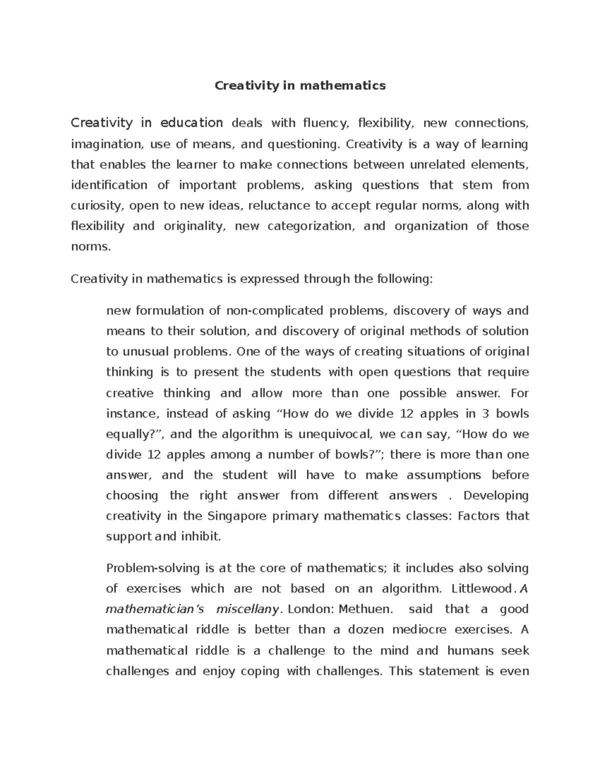 Maths creativity - Lecture notes - Creativity in mathematics Creativity ...