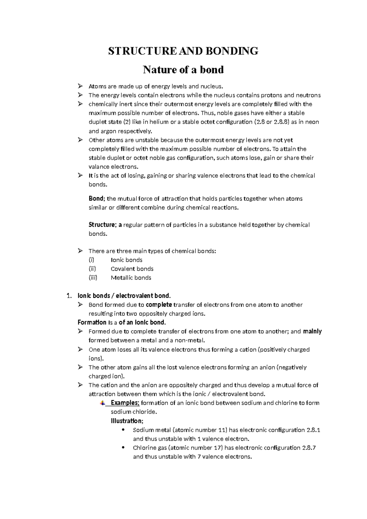 Structure AND Bonding - Summary Bed science - STRUCTURE AND BONDING ...