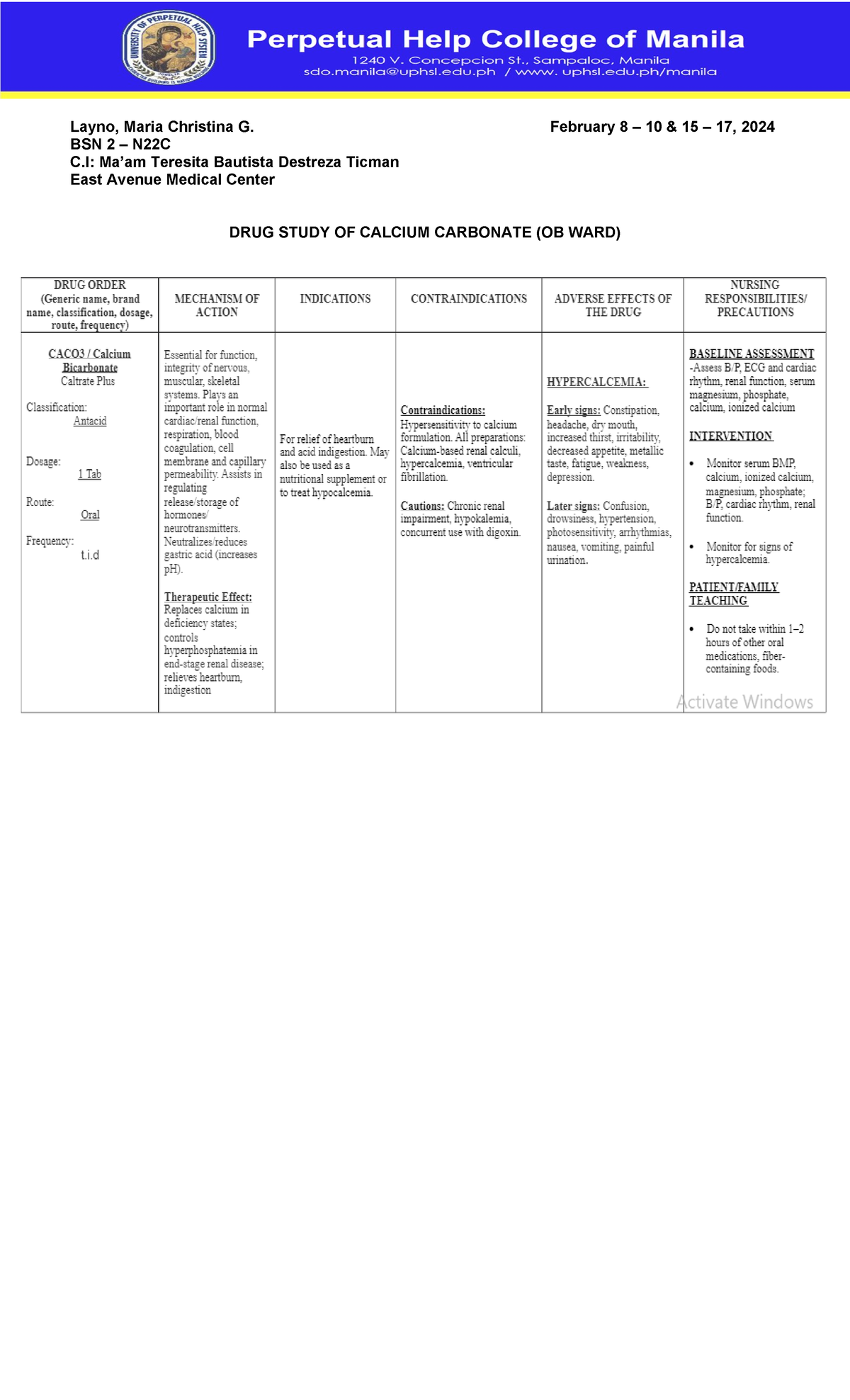 Calcium DRUG Study - Bachelo of Science in Nursing - Layno, Maria ...