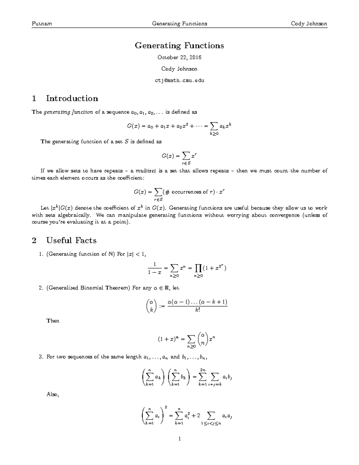 Generating Functions Generating Functions October 22 2016 Cody