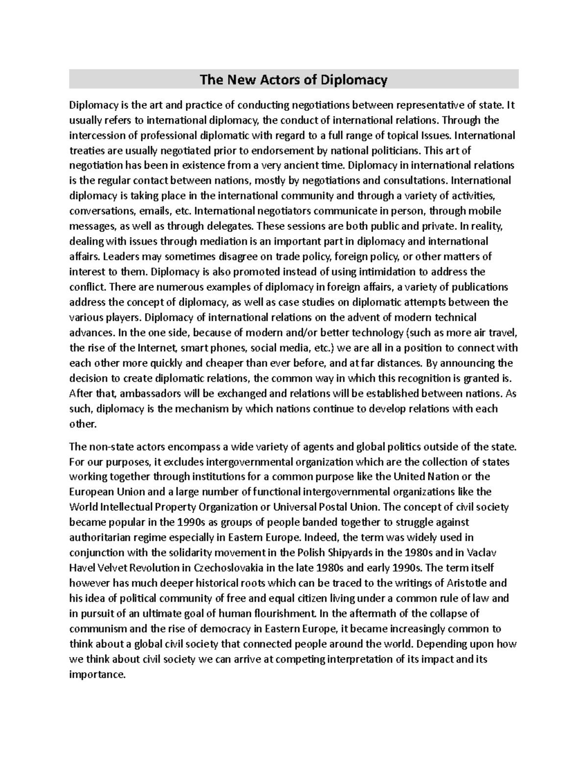 Complementary Asssignmen - The New Actors of Diplomacy Diplomacy is the ...