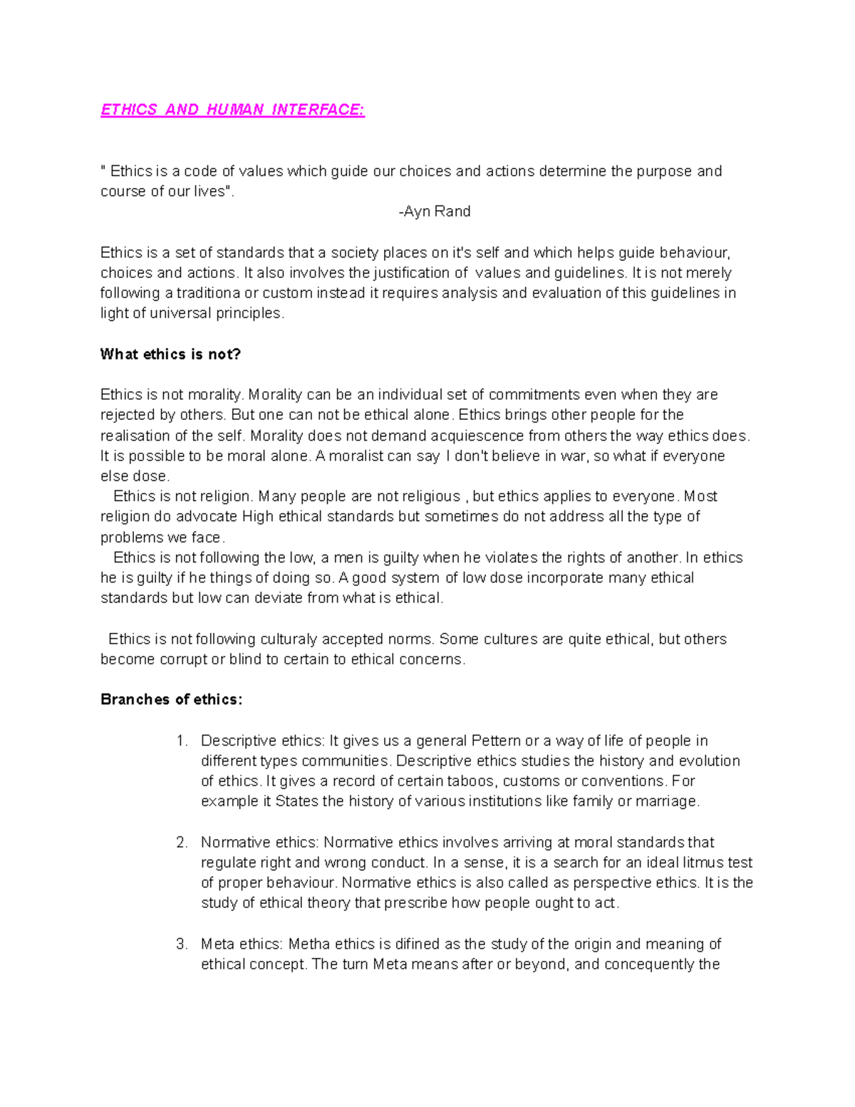 Ethics and Human Interface - ETHICS AND HUMAN INTERFACE: " Ethics is a ...