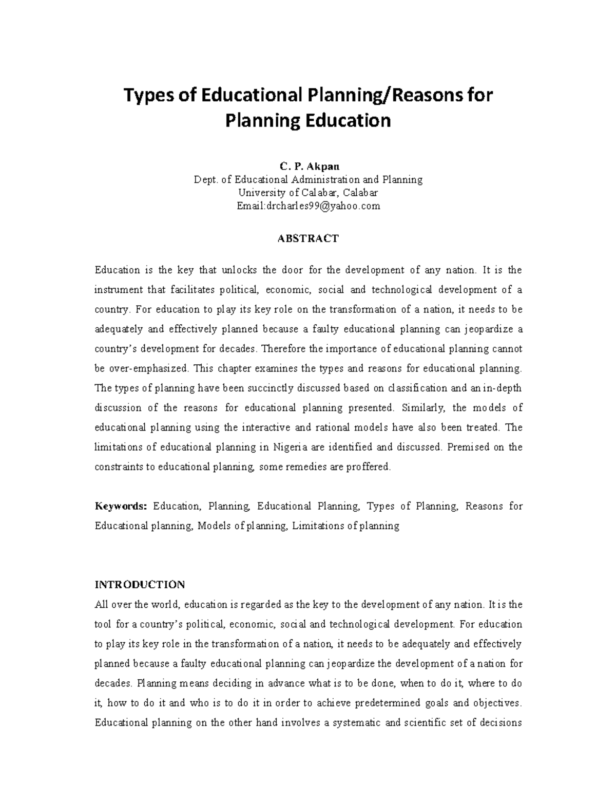 EAP 401 Akpan C.P. E - Good notes - Types of Educational Planning ...