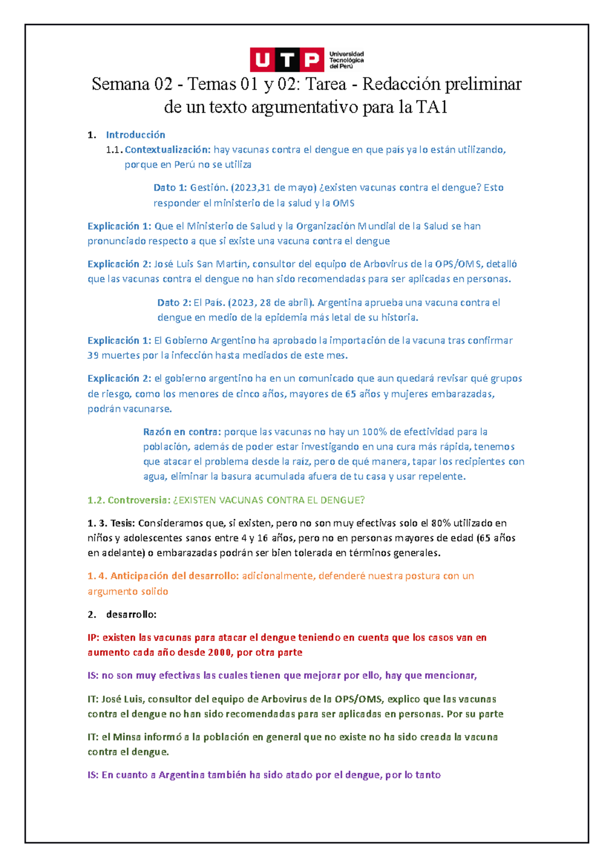 Redacción preliminar de un texto argumentativo KCCH - Semana 02 - Temas 01 y 02: Tarea ...