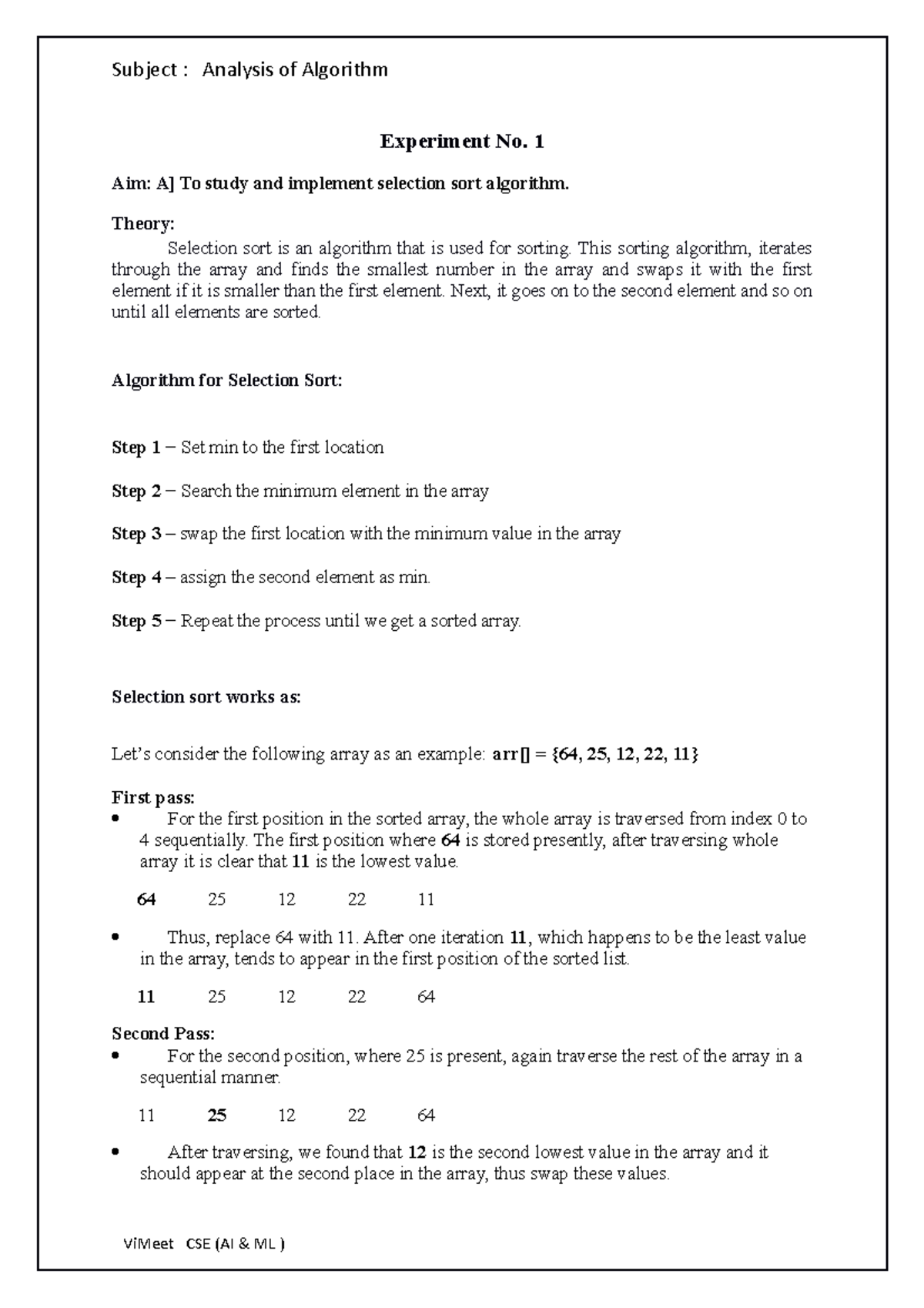 Exp 1 AOA - Copy - Practical material - Experiment No. 1 Aim: A] To study and implement ...