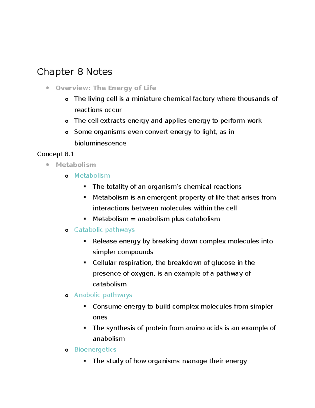 Chapter 8 Notes - Chapter 8 Notes Overview: The Energy of Life o The ...