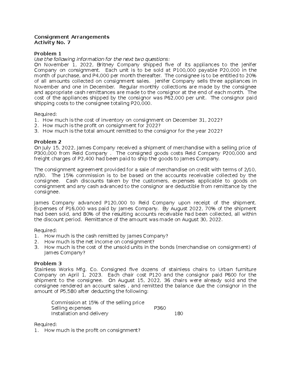 Activity 7 Consignment Arrangements - Consignment Arrangements Activity ...