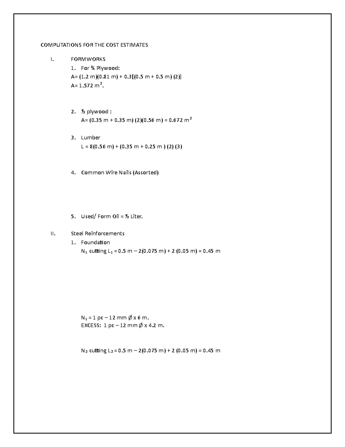 Computations FOR THE COST Estimates - COMPUTATIONS FOR THE COST ...