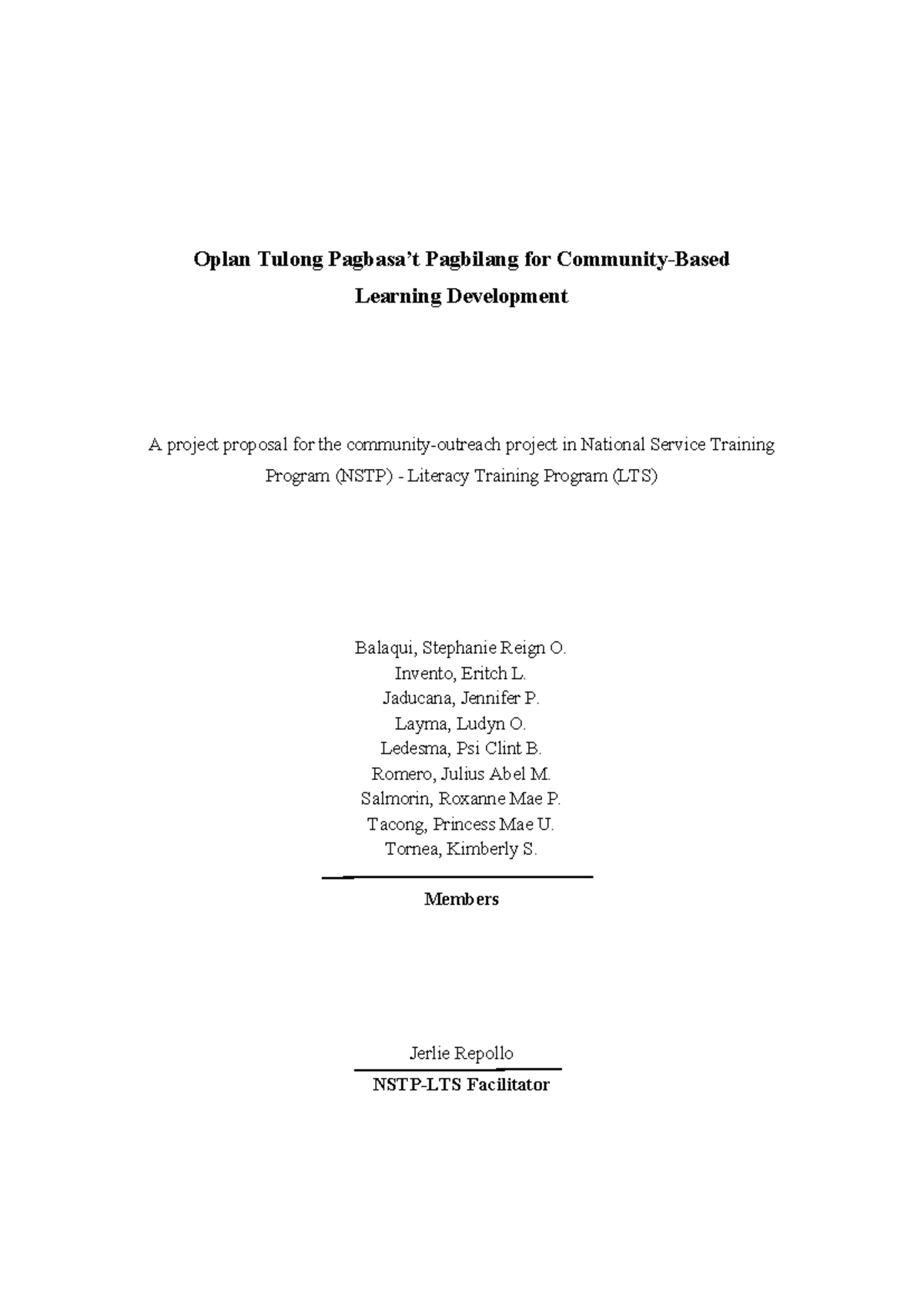 Project Proposal LTS NSTP 2 - Oplan Tulong Pagbasa’t Pagbilang for ...