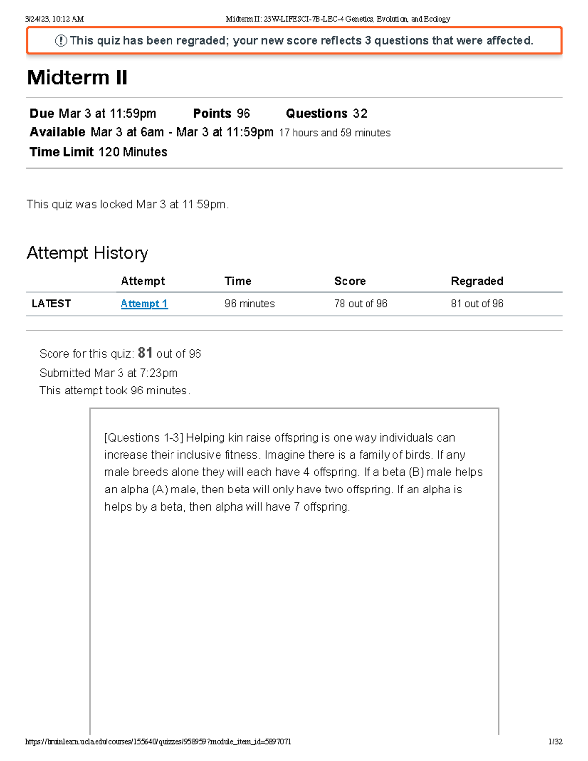 LS7B Midterm II - This quiz has been regraded; your new score reflects 3 questions that were ...